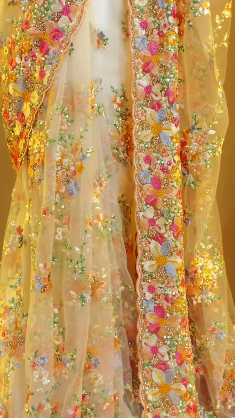 Exquisite Pastel Floral Embroidered Net Saree with Intricate Beadwork